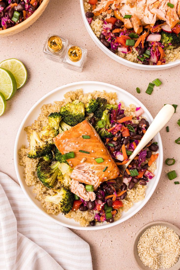 Teriyaki Salmon Bowl Quinoa Recipe-Asian Slaw - TidyMom®
